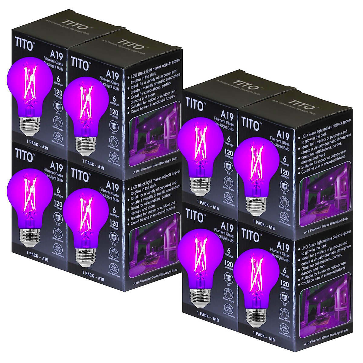 TITO 8 Pack E26 A19 Filament LED Black Light Bulbs, UVA 395nm 6W Blacklight Bulb 100W Equivalent, Black Light Bulb Glow in Dark Halloween Christmas Party Fluorescent Tapestry Poster Decor Body Paint