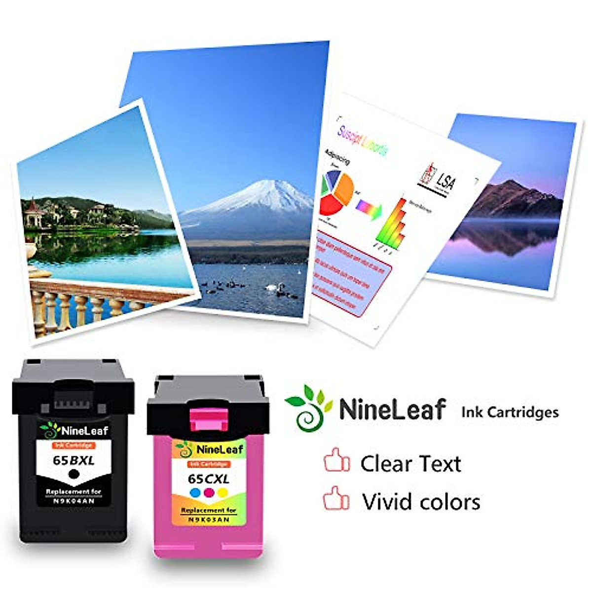 NineLeaf Remanufactured Ink Cartridge Compatible for HP 65XL 65 XL N9K04AN DeskJet 3755 3720 3722 3723 3730 3732 3752 3758 All-in-one Printer (1 Black 1 Tri-Color,2 Pack)