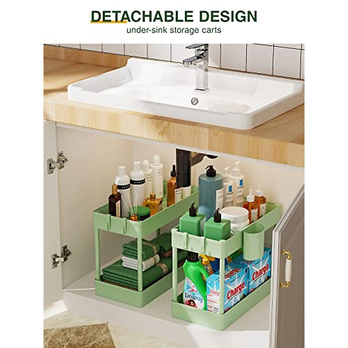 LEHOM Slim Rolling Storage Cart - 4 Tiers Bathroom Organizer Utility Cart Slide Out Storage Shelves Mobile Shelving Unit for Kitchen, Bedroom, Office, Laundry Room, Small Narrow Spaces, Green
