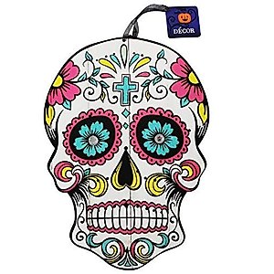 Halloween Decoration Day of The Dead Sugar Skull Hanging Wall Sign, 9.5x13 in (Cross)