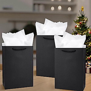 Jutieuo 12 Pcs Luxury Black Bags with Tissue Paper, Medium Size Gift Bags for Men, Groomsmen Proposal Bags, 8x4x11 Inches Premium Black Paper Bags with Handles for Valentine's Day Birthday Gift