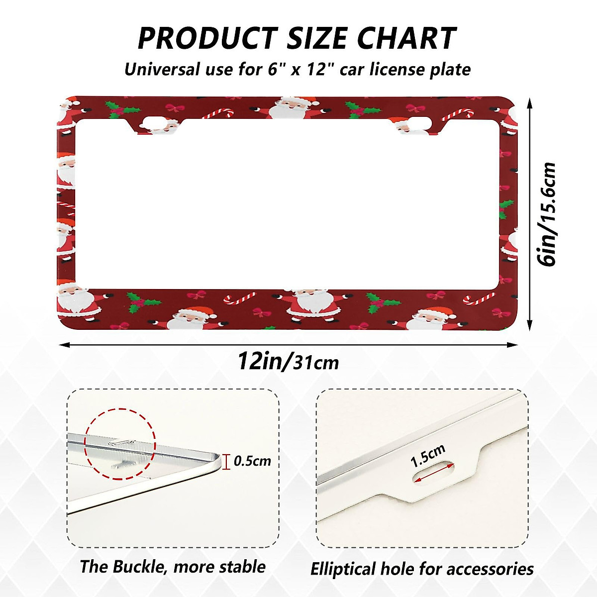 YETTASBIN Christmas Santa Claus License Plate Frames, Decorative License Plate Covers, 2 Packs Universal Aluminum Tag Frame with 2 Holes & Screw Caps for Front and Rear Car Tags, Elliptical Hole