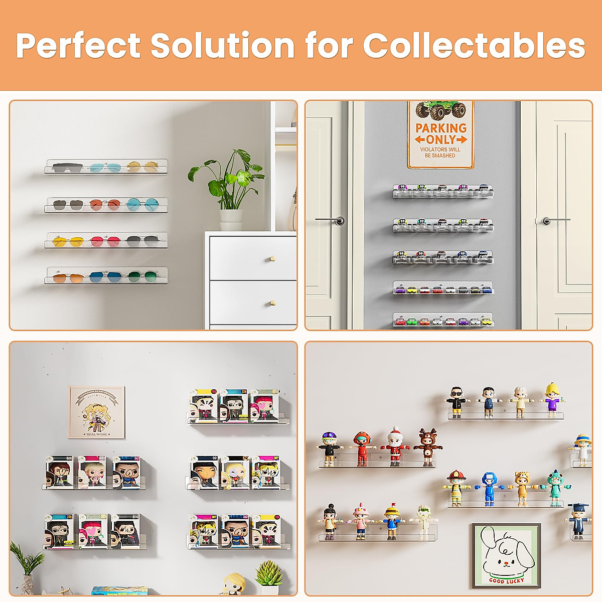 upsimples Clear Acrylic Shelves for Wall Storage, 15" Acrylic Floating Shelves Wall Mounted, Kids Bookshelf, Display Ledge Wall Shelves for Bedroom, Living Room, Bathroom, Kitchen, Set of 4