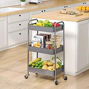 TOOLF 3-Tier Rolling Cart, Metal Utility Cart with Lockable Wheels, Storage Craft Art Cart Trolley Organizer Serving Cart Easy Assembly for Office, Bathroom, Kitchen, Kids' Room, Classroom (Grey)