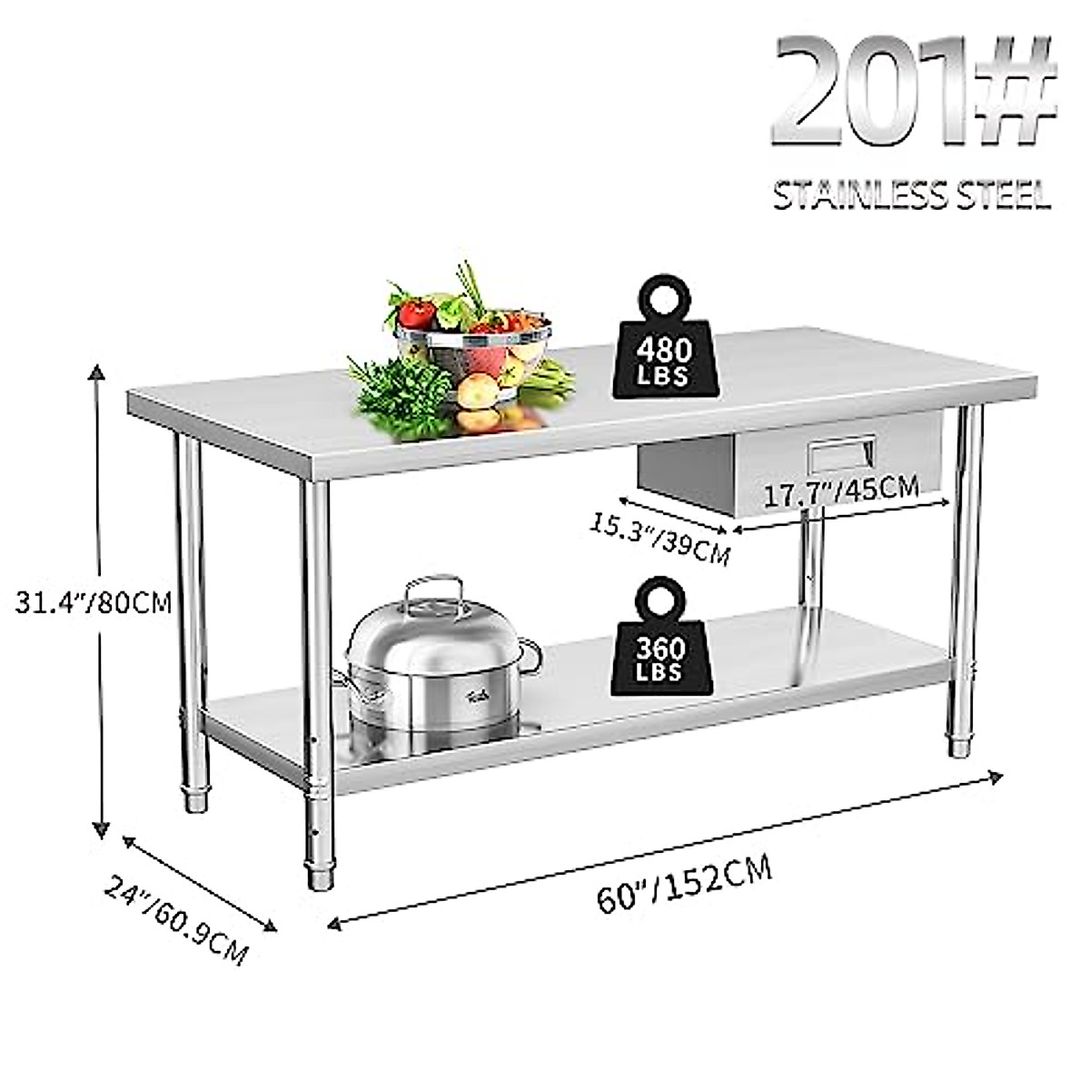 YITAHOME Stainless Steel Table with Drawer, 60" X 24" Work Table with Drawer, Metal Table Prep Table for Home Kitchen Restaurant Garage Warehouse