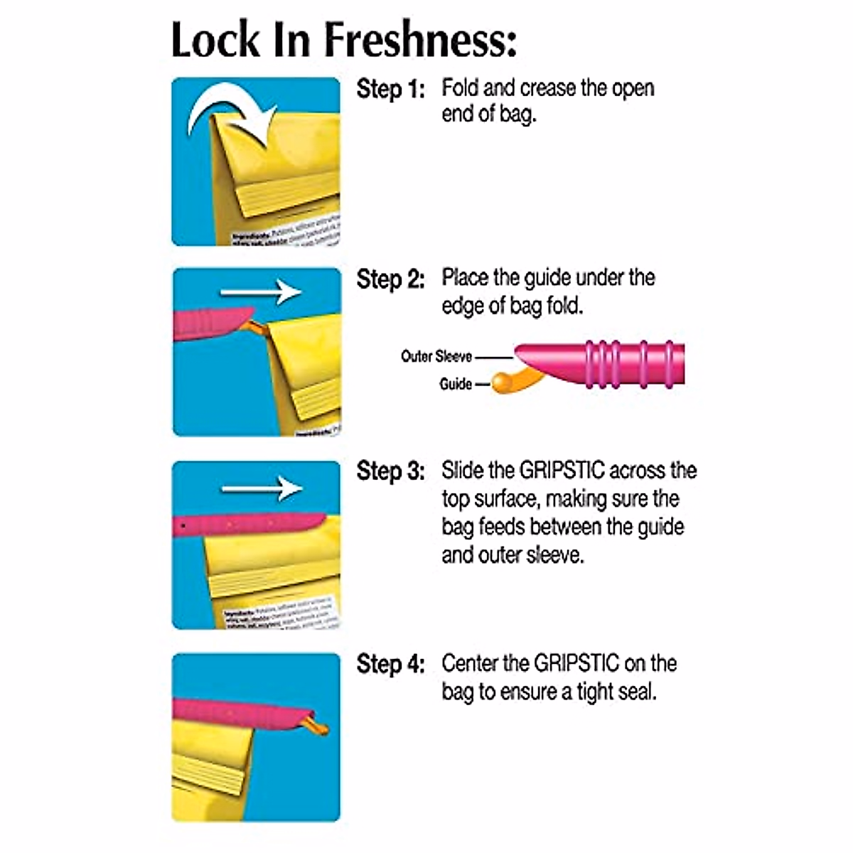 GRIPSTIC Bag Sealer - Reusable Chip Clips, Bag Clips. Patented. Airtight & Waterproof Seal on Food Storage Bags, Kids Snacks & More. Near Zero Waste. 12ct Small