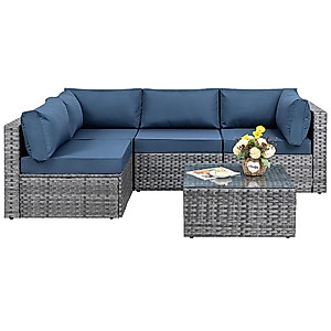 Walsunny Patio Furniture Set, 5 Pieces Outdoor Sectional Sofa Wicker Conversation Sets with Tea Table and Patio Couch Cushions(Aegean Blue)