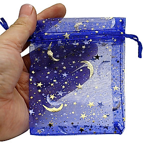 SUNGULF 100Pcs Sheer Organza Drawstring Pouches Stars and Moon Wedding Gift Bags Blue Color 4x5 Inches
