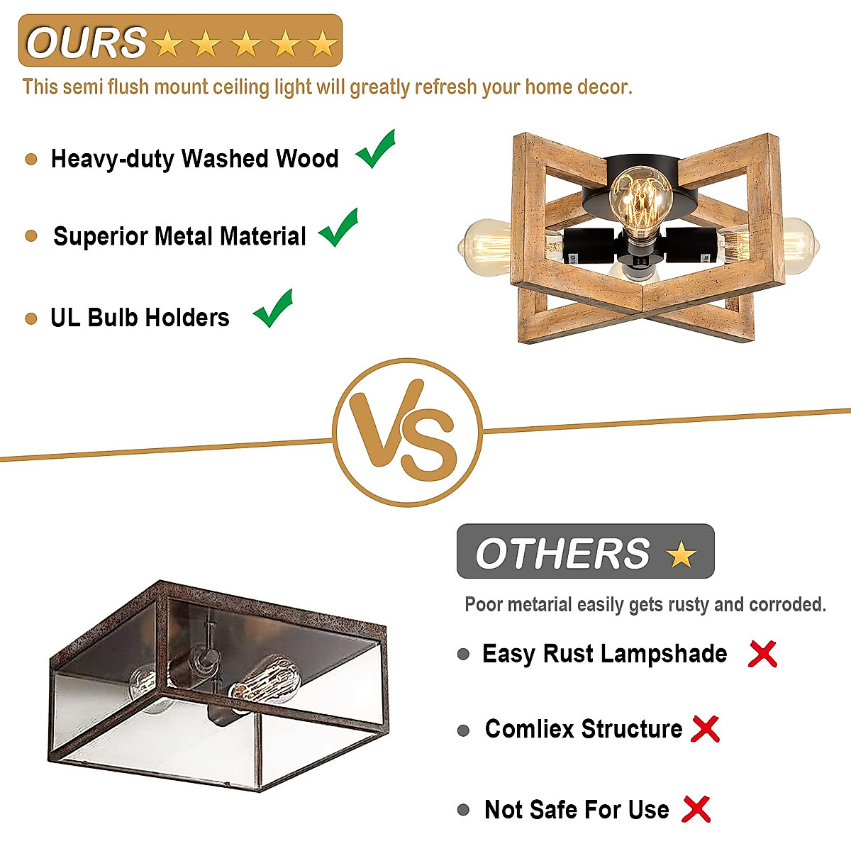 HMVPL Flush Mount Ceiling Light, 4-Light Farmhouse Outdoor Light Fixture Ceiling Mount, Wood Black Close to Ceiling Light for Kitchen Island Dining Room Bedroom Foyer Hallway Front Door Gazebo Porch