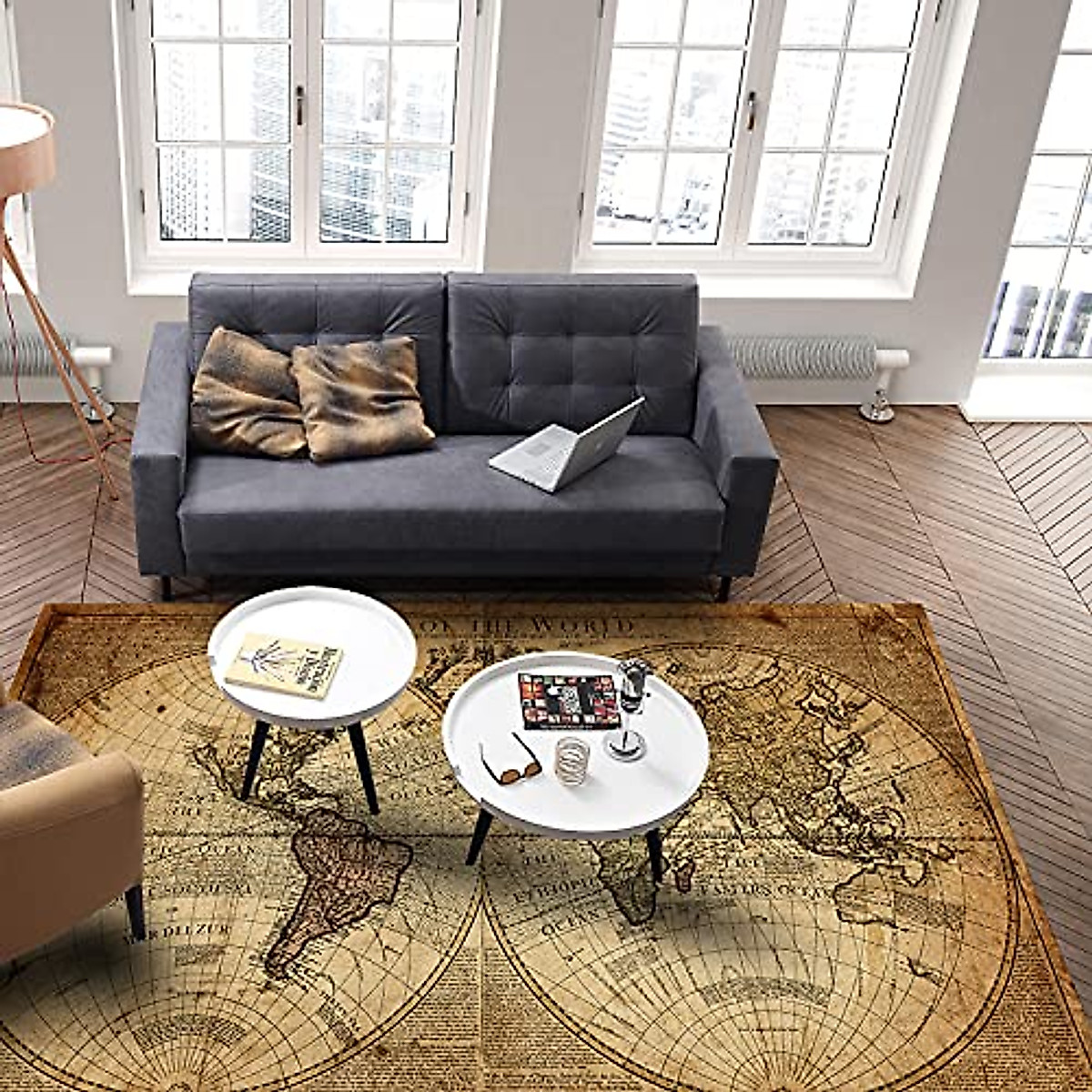 Large Modern Area Rug Contemporary Accent Throw Rug for Living Room, World Map Worldwide Oval Retro Nautical Kraft Background Anti Fatigue Non Slip Floor Carpet Comfort Standing Mat