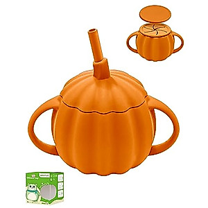 BRVTOT 3 in 1 Training Cups for Baby & Toddler 7 oz, Spill Proof Toddler Straw Cup & Snack Containers Cup with DustProof Lid, BPA Free Silicone Baby Sippy Cup for 1+ Year Old, Cute Pumpkin Baby Gifts