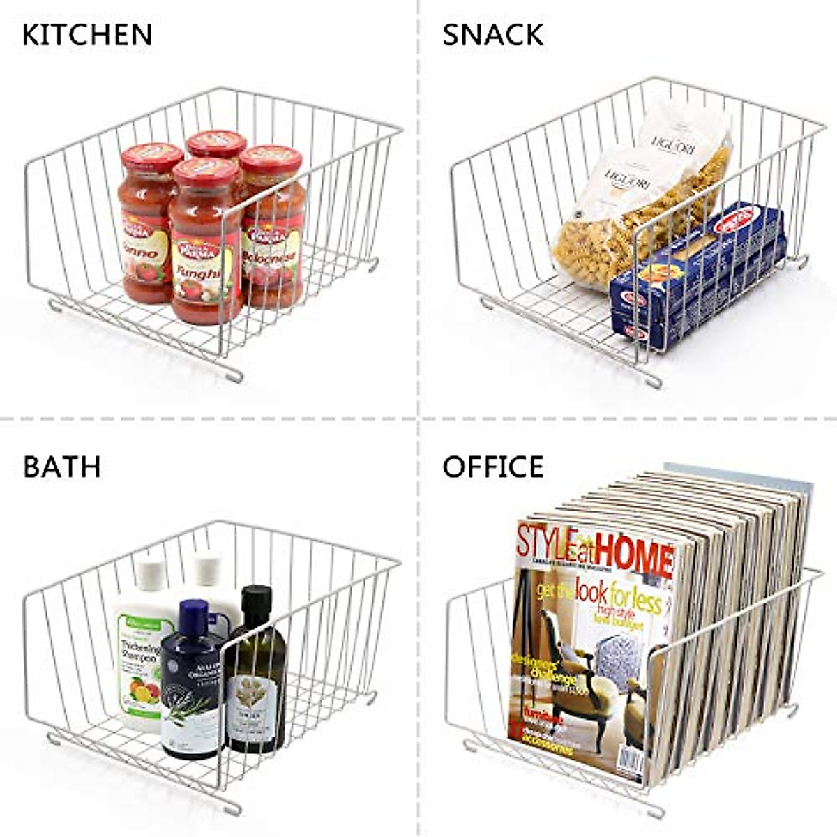 Rolling Stackable Storage Bin, Modern 4 Tiers Basket with Lockable Casters, Utility Storage Organizer for Kitchen, Pantry, Closets, Bedrooms(Gray)