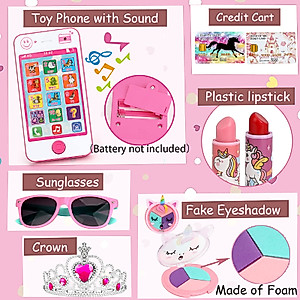 Play Purse Little Girls Toys - Fake Pretend Makeup for Toddlers with Girls Purse Pretend Play Girls Toys for 3 4 5 6 Year Old Toddler Purse Fake Kids Phone Birthday Gifts for Girls