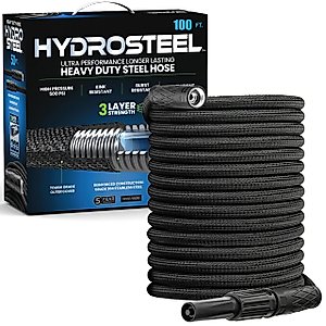 HYDROSTEEL 3-Layer 100 Ft Garden Hose with Nozzle, Metal Water Hose 100Ft, Heavy Duty Stainless Steel Flexible Garden Hose 100 Ft, Lightweight, Easy to Coil, Kink Resistant, 500 PSI AS SEEN ON TV