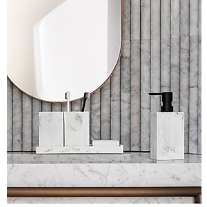 ZHANWANGJIAJU Bathroom Accessory Set Complete Vanity Top Decoration Set Marble Pattern Lotion Dispensing Soap Dispenser, Toothbrush Holder, Soap Pump, Tray (White)