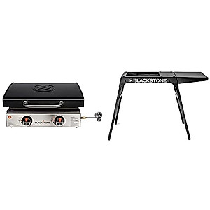 Blackstone 1813 Stainless Steel Propane Gas Hood Portable, 12, 000 BTUs, 22 Inch, Black & Universal Griddle Stand with Adjustable Leg and Side Shelf -(Black)
