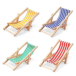 Dollhouse Miniature Furniture Accessories Foldable Wooden Beach Chair Mini Longue Deck Chair Doll House Ornament Kits for DIY Fairy Garden Dollhouse Decoration - Pack of 4