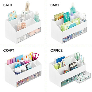 mDesign Plastic Makeup Storage Organizer with 2 Drawers and 5 Divided Sections for Bathroom, Vanity, Cabinet, Countertops - Storage for Cosmetics, Brushes, Blush - Lumiere Collection - White/Clear