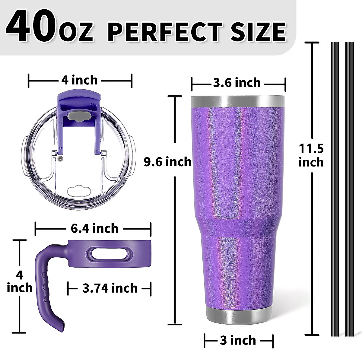 Zibtes 40oz Insulated Tumbler With Lid and Straws, Stainless Steel Double Vacuum Coffee Tumbler With Handle, lovely Travel Cup for Home, Office, Party (Glitter Purple 1 pack)