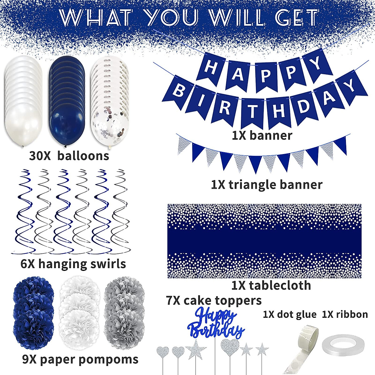 Navy Blue Silver Birthday Decorations for Men, Blue Birthday Party Supplies with Tablecloth Happy Birthday Banner Confetti Balloons Paper Pom Poms Hanging Swirls Cake Toppers