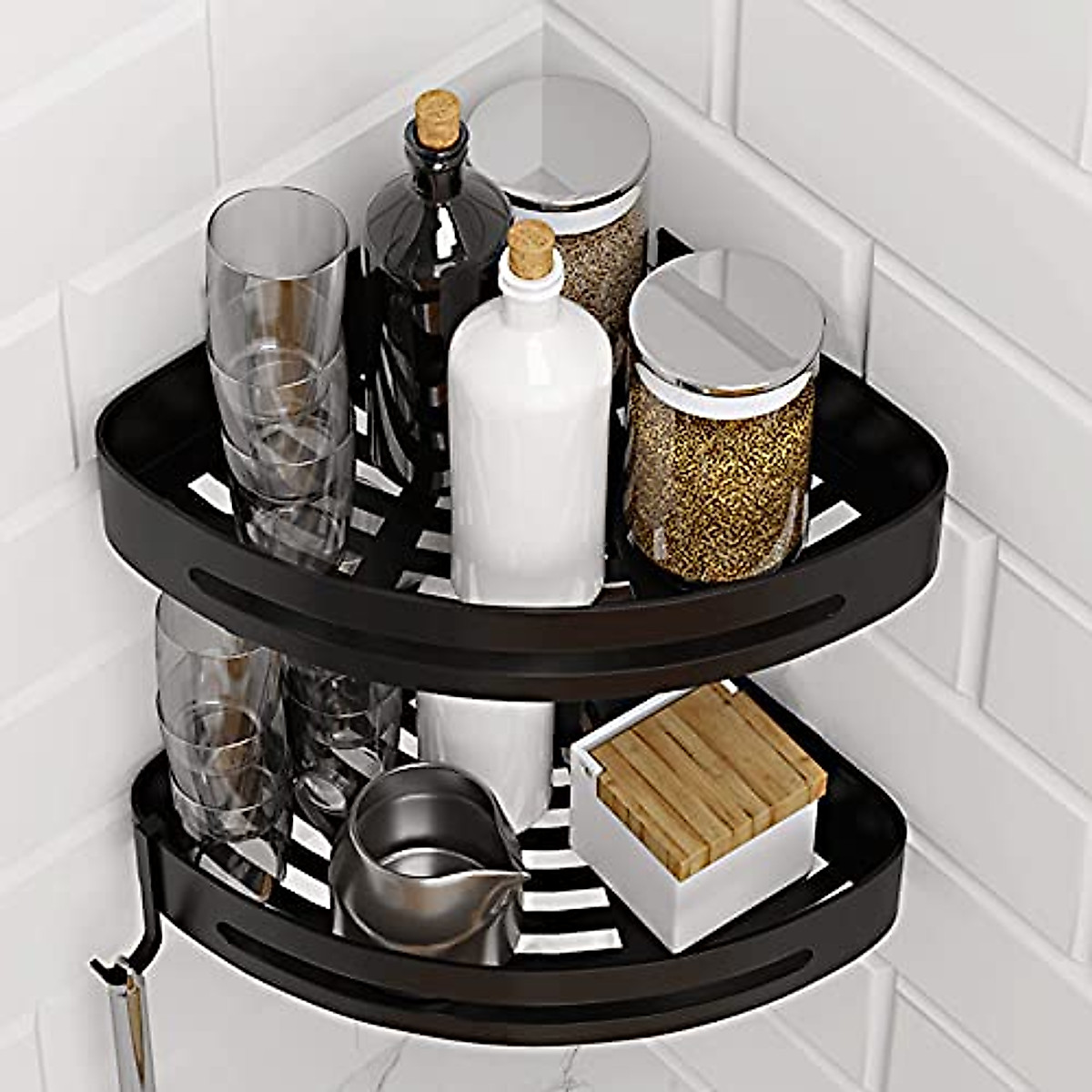 UOIXPUHUO 2pc Shower Shelf,Bathroom Organiser,Corner Shower Caddy,Triangle Storage Basket,Rustproof No Drilling for Bathroom Kitchen (Black)