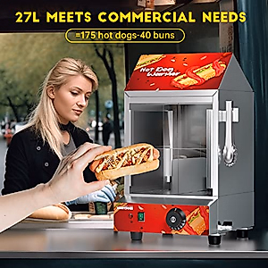 WantJoin Hot Dog Steamer, 2 Tiers Electric Hot Dog Steamer with Bun Warmer 27 L/24.52 QT, Visuable Glass Slide Doors Suit for 175 Hot Dogs and 40 Buns