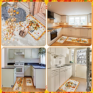 Suttmin 2 Pieces Thanksgiving Fall Kitchen Rugs Hello Fall Mats Pumpkin Sunflower Orange Maple Leaf Mat Floor Rug for Holiday Autumn Thanksgiving Home Decor, 17 x 29 Inches, 17 x 47 Inches