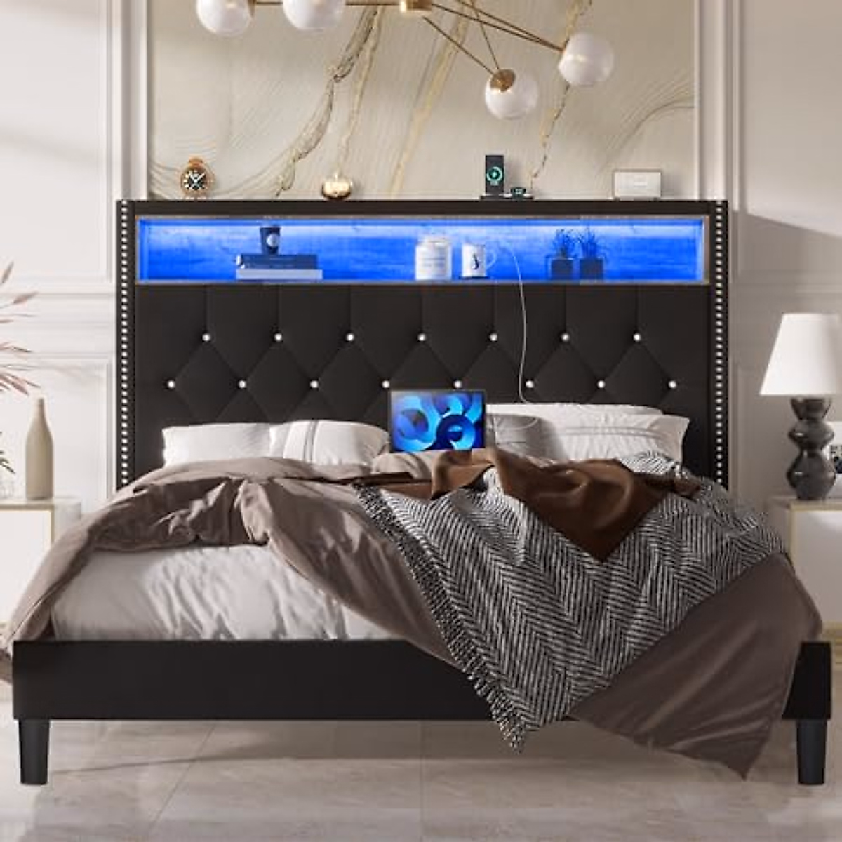 HOMBCK Queen Size Bed Frame with Led Lights, Storage Shelf Headboard, Black Velvet Upholstered, No Box Spring Needed, Noise-Free