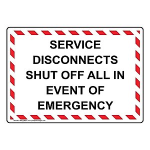 ComplianceSigns.com Service Disconnects Shut Off All in Event of Emergency Label Decal, 5x3.5 in. 4-Pack Vinyl for Electrical Emergency Response