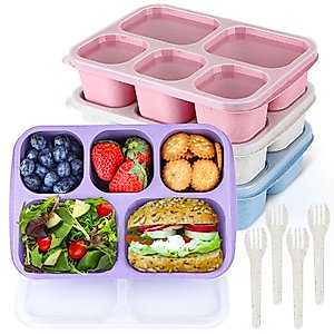 MaMix Bento Box Adult Lunch Box, 5 Compartment Bento Box for Adults 4 Pack, Reusable Stackable Snack Containers for Kids Adults with Utensils, for School, Work, and Travel (Wheat)