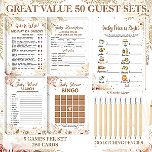 Patelai 321 Pcs Baby Shower Games Supplies, 5 Sets (50 Cards Each) Activities Cards with 20 Pencils 1 Don't Say Baby Sign 50 Clothespin(Boho Pampas Grass)