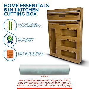TWG Bamboo Ziplock Bag Organizer for Drawer, 6 in 1 Foil and Plastic Wrap Dispenser with Cutter, Compatible with Gallon, Quart, Sandwich and Snack Variety Size Bag