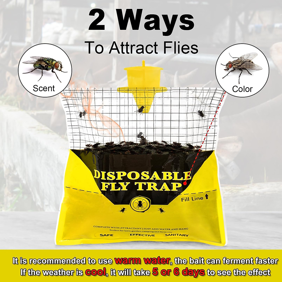 Glovv Fly Traps Outdoor Hanging, 4 Natural Pre-Baited Fly Hunter Stable Horse Ranch Fly Trap, Mosquito Fly Bags Outdoor Disposable Catchers Killer Repellent for Barn Farm Patio & Camping