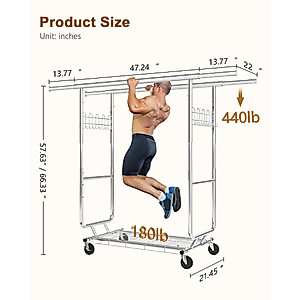 Hoctieon 2-Minute Assembly Double Rod Clothes Rack, Heavy Duty Rolling Clothing Racks with Wheels, Foldable Commercial Garment Rack, Extendable Hanging Bar, Adjustable Metal Pole with Hooks, Chrome