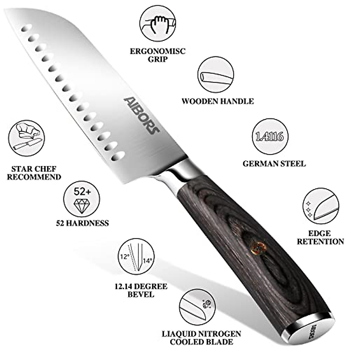 AIBORS Santoku Knife - 7 Inch Professional Kitchen Knife with German Stainless Steel 7Cr17Mov, Ergonomic Pakkawood Handle