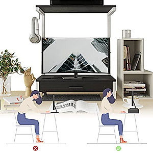 2 Tier Desktop Printer Stand Monitor Stand with Drawer, Small Home Printer Stand, Desk Organizer with Hook Non-Slip Feet for Home and Office(Black)