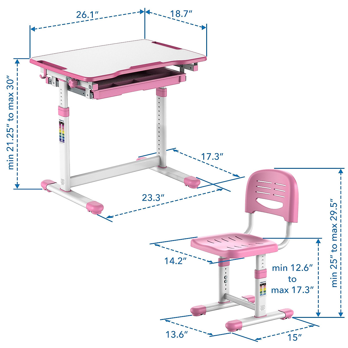 Mount-It! Kids Desk and Chair Set, Height Adjustable Sturdy, Girl Desk, Kids Art Desk, Kids Study Desk and Chair Set for Boys, Home School, Drafting Desk, Ergonomic Childrens Storage Drawer Pink