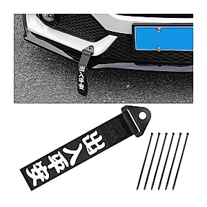 AICEL Car Racing Tow Strap, Nylon High Strength JDM Sports Style Decorative Traction Rope, Chinese Slogan Car Exterior Towing Strap, Universal Tow Hook Ribbon for Rear or Front Bumper (Black)