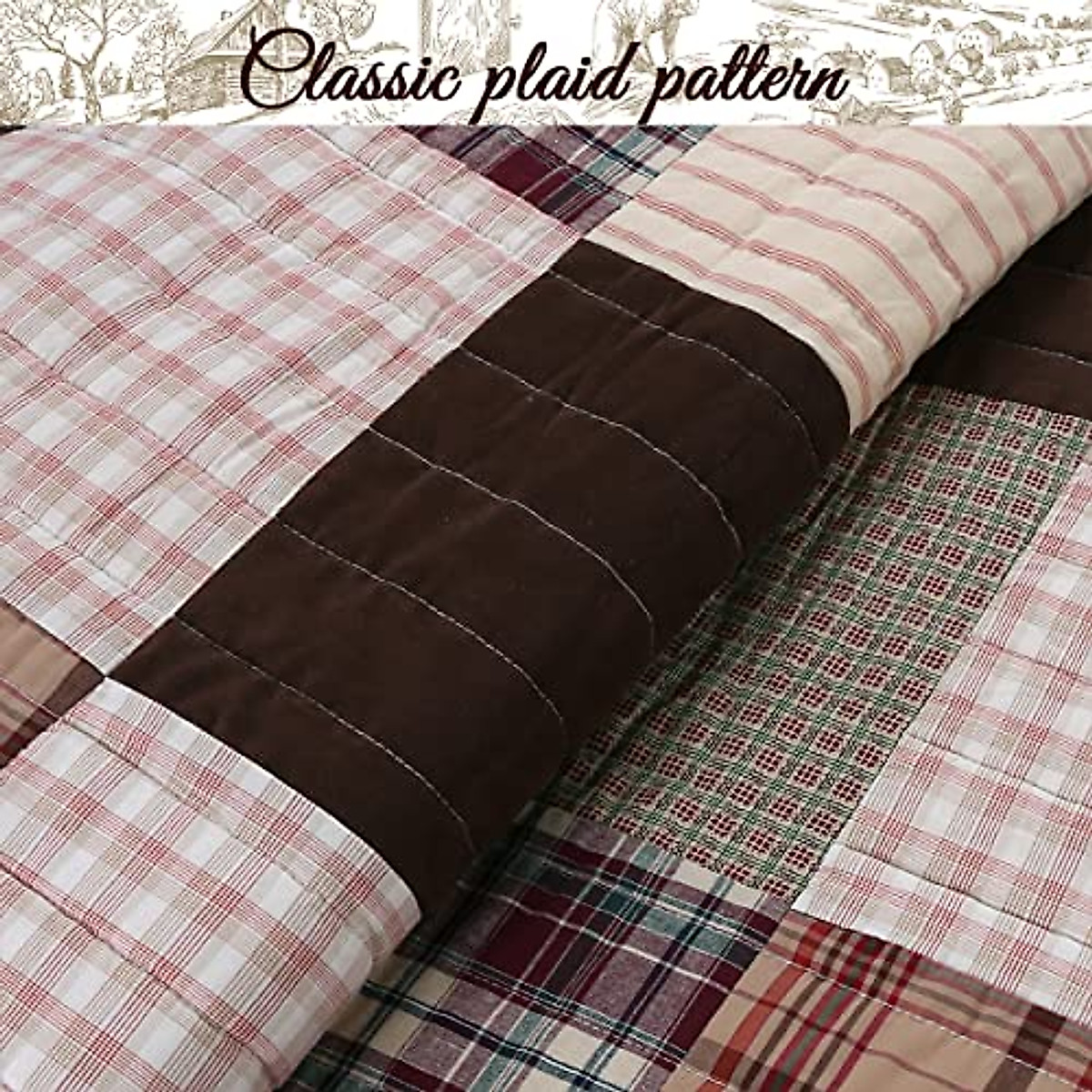 Cozy Line Home Fashions Brody Farmhouse Chocolate Plaid Striped Real Patchwork Reversible Quilt Bedding Set, Coverlet Bedspread (Brown Grid, King - 3 Piece)