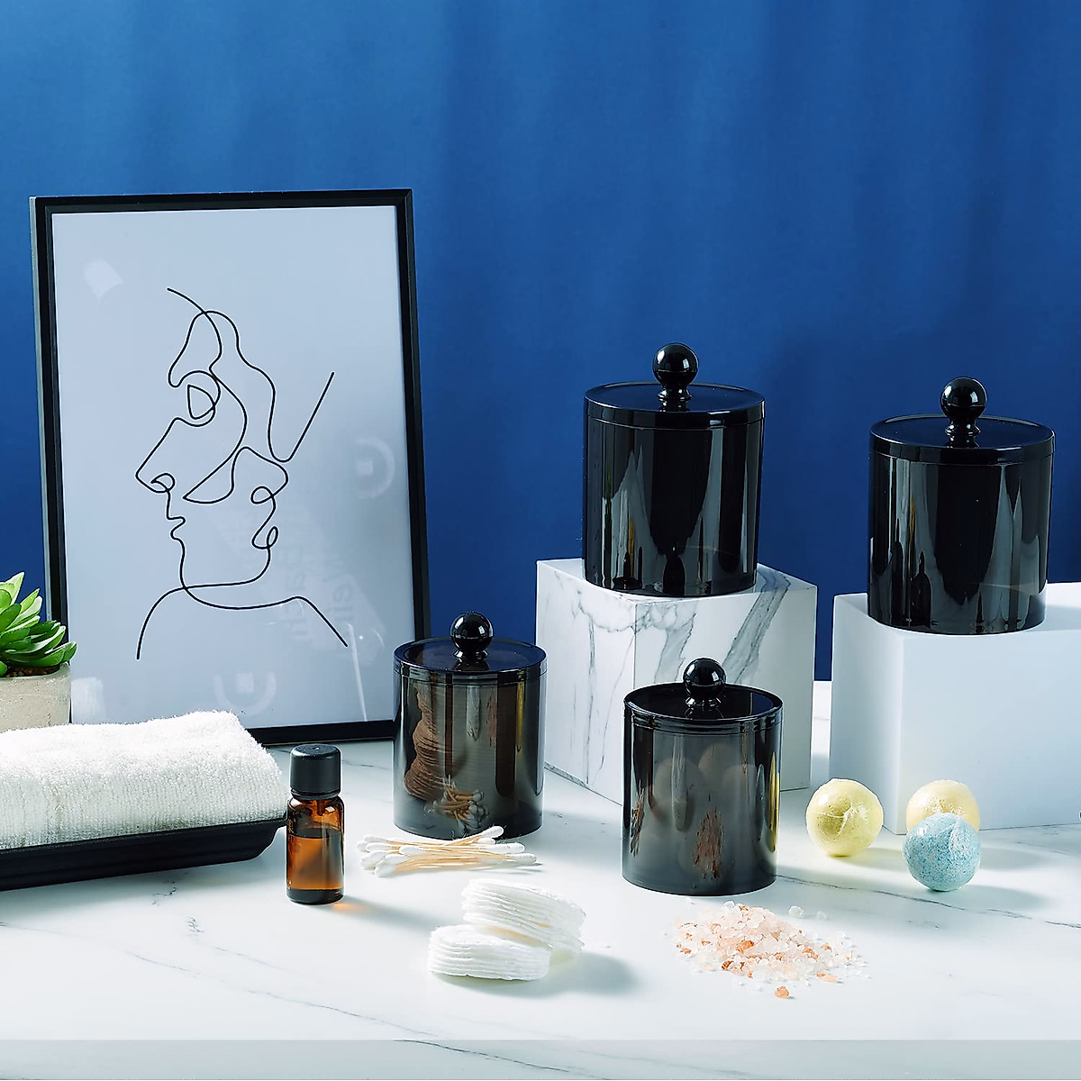 Black Premium Mason Jar Bathroom Accessories Set-Rustic Farmhouse Decor(6PCS)&12 Pack Qtip Dispenser Apothecary Jars Bathroom Set with Labels(15oz & 12oz)