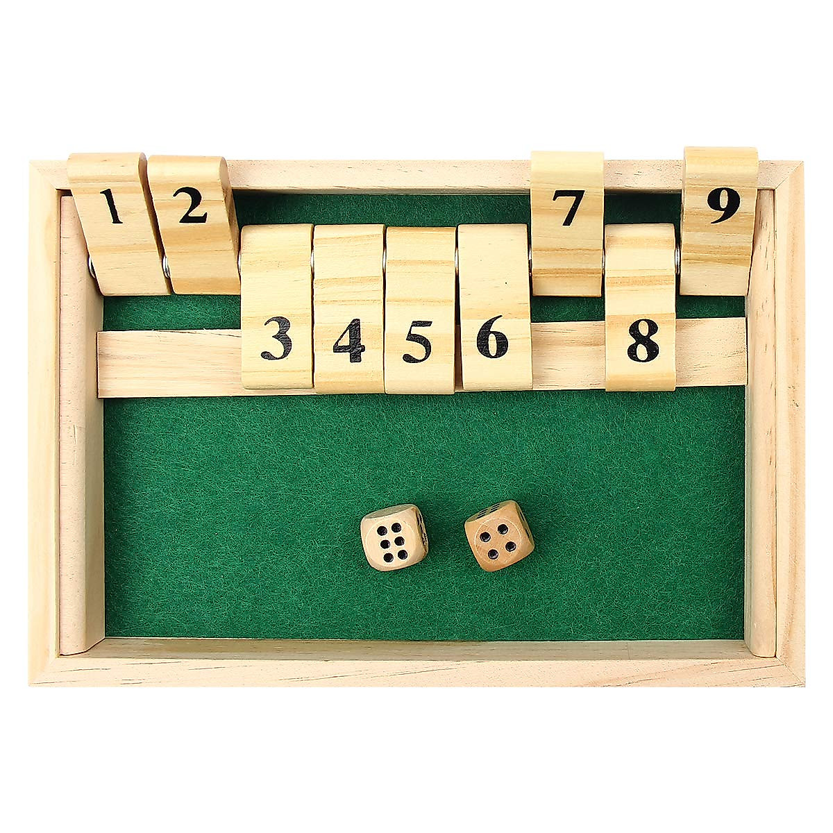 bouti1583 Shut The Box Game, Double-Sided Classic 9 Number Wooden Set with Dice Green- Adults and Children