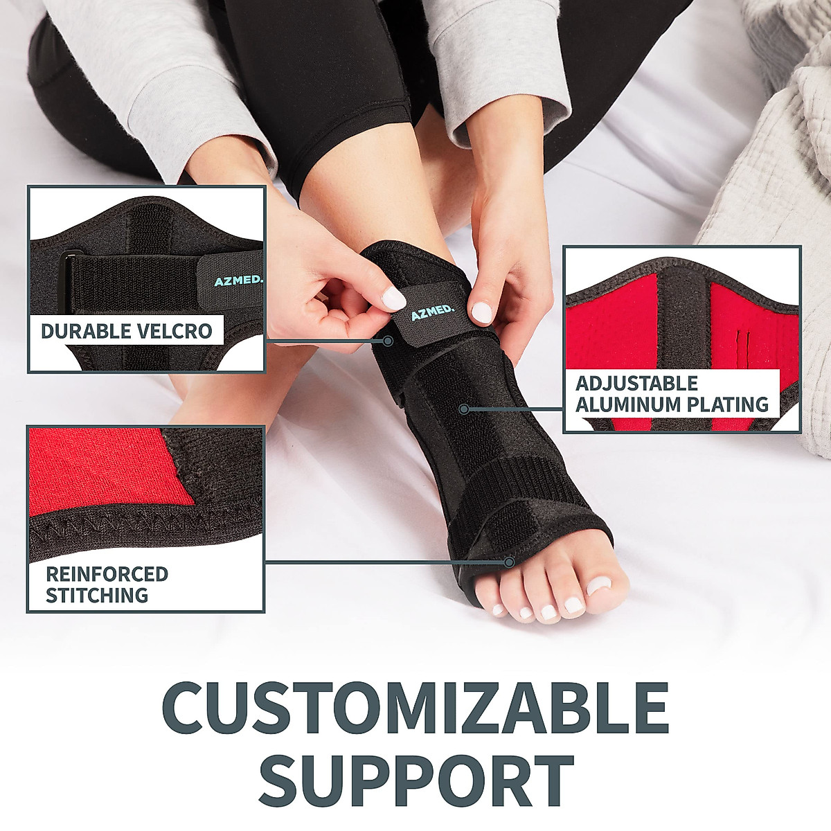 AZMED Plantar Fasciitis Night Splint & Support, Adjustable Orthotic Foot Drop Brace for Achilles Tendonitis and Heel Spur Relief, Black