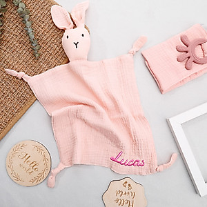 SWIMFUN Personalized Muslin Lovey Blanket, Embroidered Baby Security Blanket Bunny Comforter, Soft Sleeping Toy, Personalized Baby Gift, Custom Name