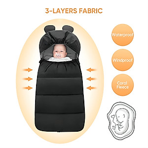 Stroller Bunting Bag for Baby, Infant Bunting Bag Winter Baby Sleeping Bag for Stroller Footmuff Waterproof, Warm Bunting Bag Toddler Sleeping Bag, Outdoor Universal Baby Bunting Bag, Black