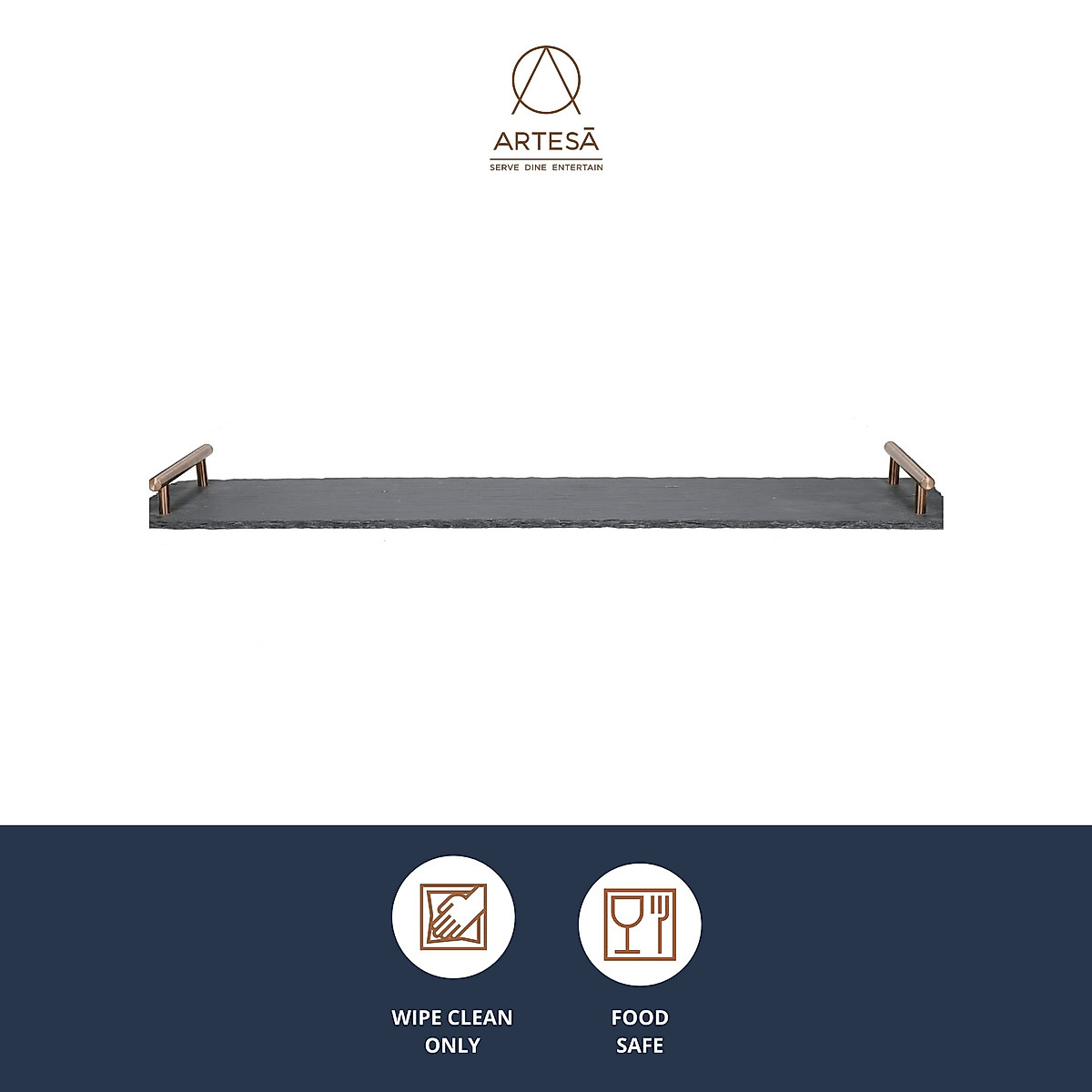 Artesa ARTPLATTERCOP KitchenCraft Slate Serving Tray/Platter with Copper Finish Handles, 60 x 15 cm