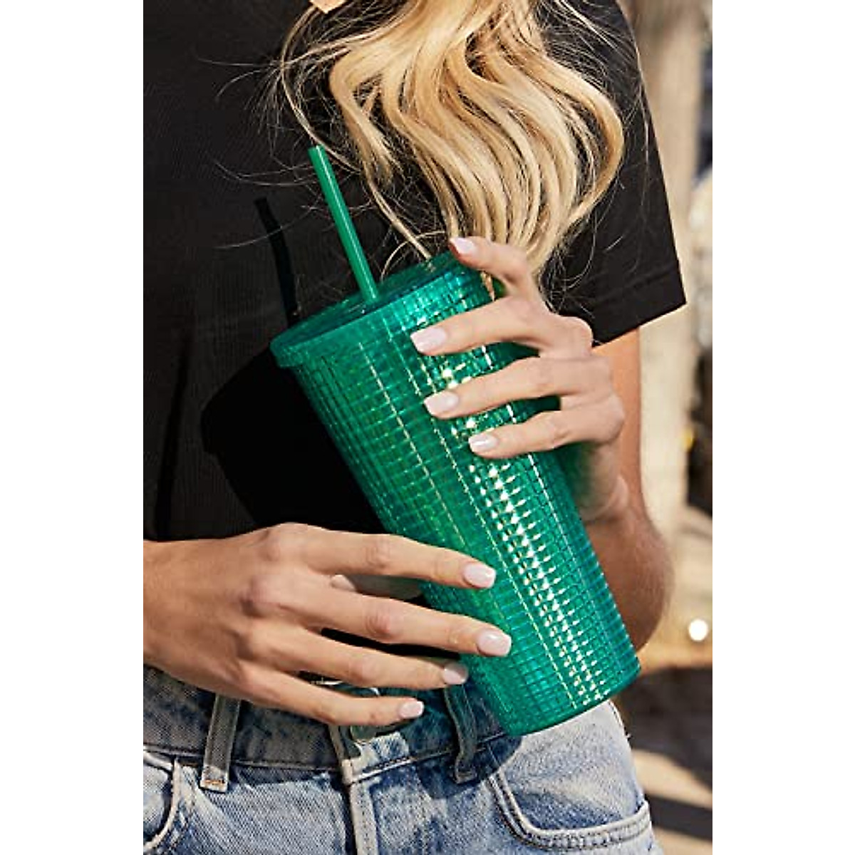 WEST & FIFTH Grid Plastic Cold-Cup Tumbler with Straw, Iridescent Semi-Transparent Square-Textured Cup, BPA-Free Double-Wall Cup for Iced Coffee, Cold Drinks, or Water, 24oz., Mint