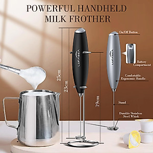 LUNASEA Handheld Milk Frother with Stand, Frother Wand, Electric frother for Coffee Whisk, Hand Mixer Blender Milk Foamer, Drink Mixer, Electric Whisker for Mixing, Latte, Cappuccino, Matcha (Silver)