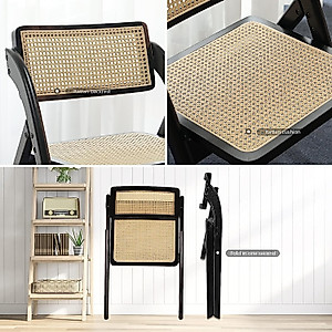 Folding Dining Chairs Set of 2, Foldable Wood Kitchen Chairs 100% Real Rattan Woven Seat and Back,Handmade for Living Room Bedroom, Garden Balcony, Easy Installation (Black)