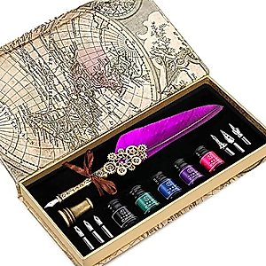 NC Quill Pen Ink Set,Feather Pen Set Includes 5 Bottles of Ink and 6 Replaceable Stainless Steel Nibs,1 Gear Quill Pen,Calligraphy Pen Set for Writing,Letter Writing,Signature Invitation,etc(Purple)