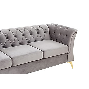 RUNWON 3 Seater 84.6'' Modern Chesterfield Curved Sectional Sofa Tufted Velvet 3 Seat Couch Button Tufed with Scroll Arms and Gold Metal Legs for Small Space Apartment Living Room, Grey